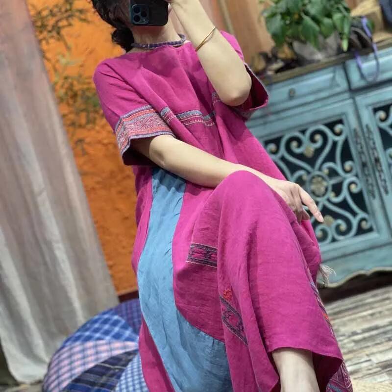 2022 Summer new ethnic embroidered high class skirt loose linen ...